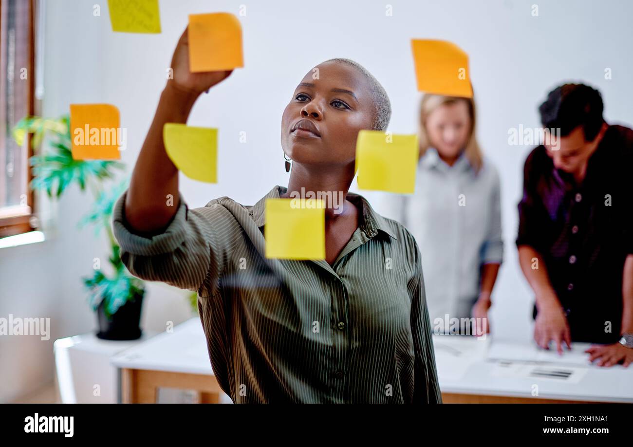Black woman, glass wall and sticky note for planning business, startup ...