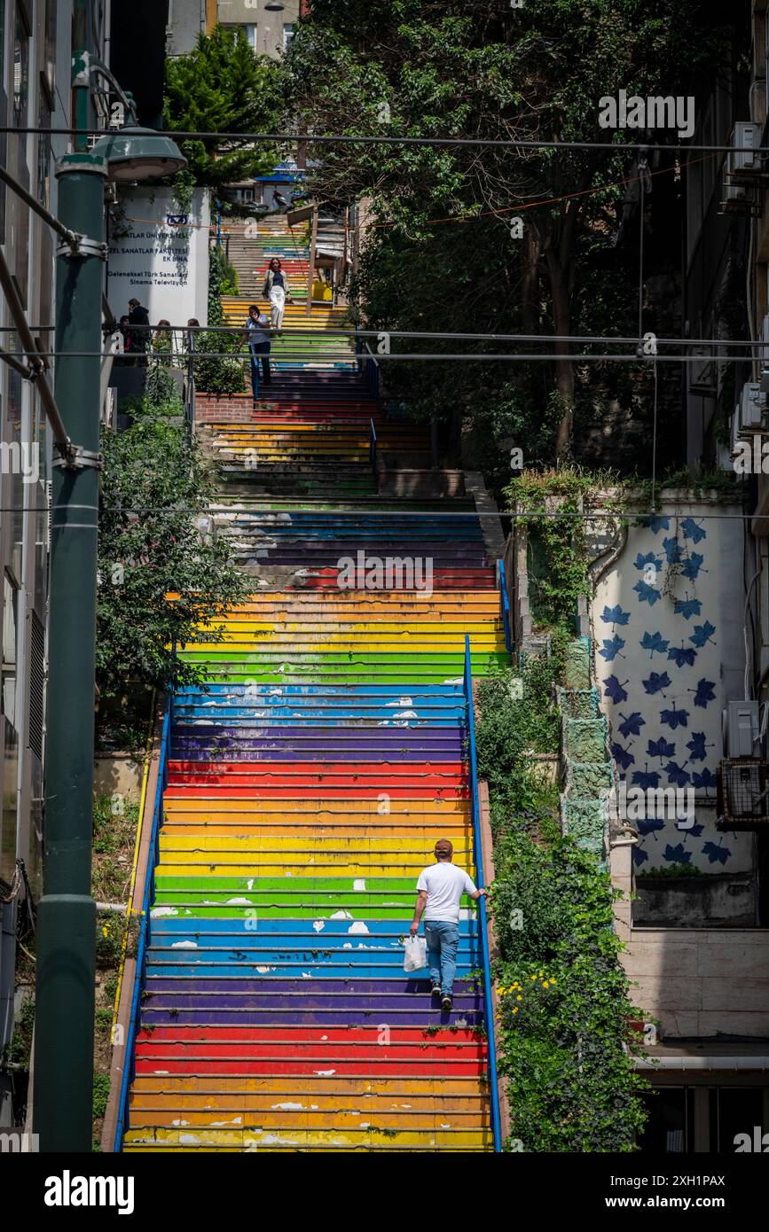View of colourfully painted stairs from Meclis-i Mebusan Street in ...