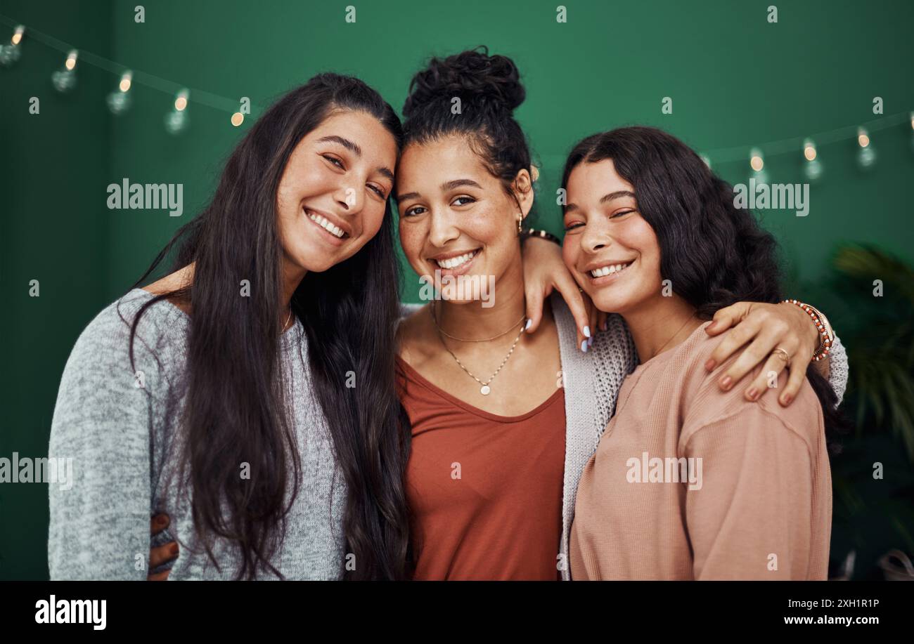 Girl, teenager and sisters with portrait in cafe with hug, smile and ...