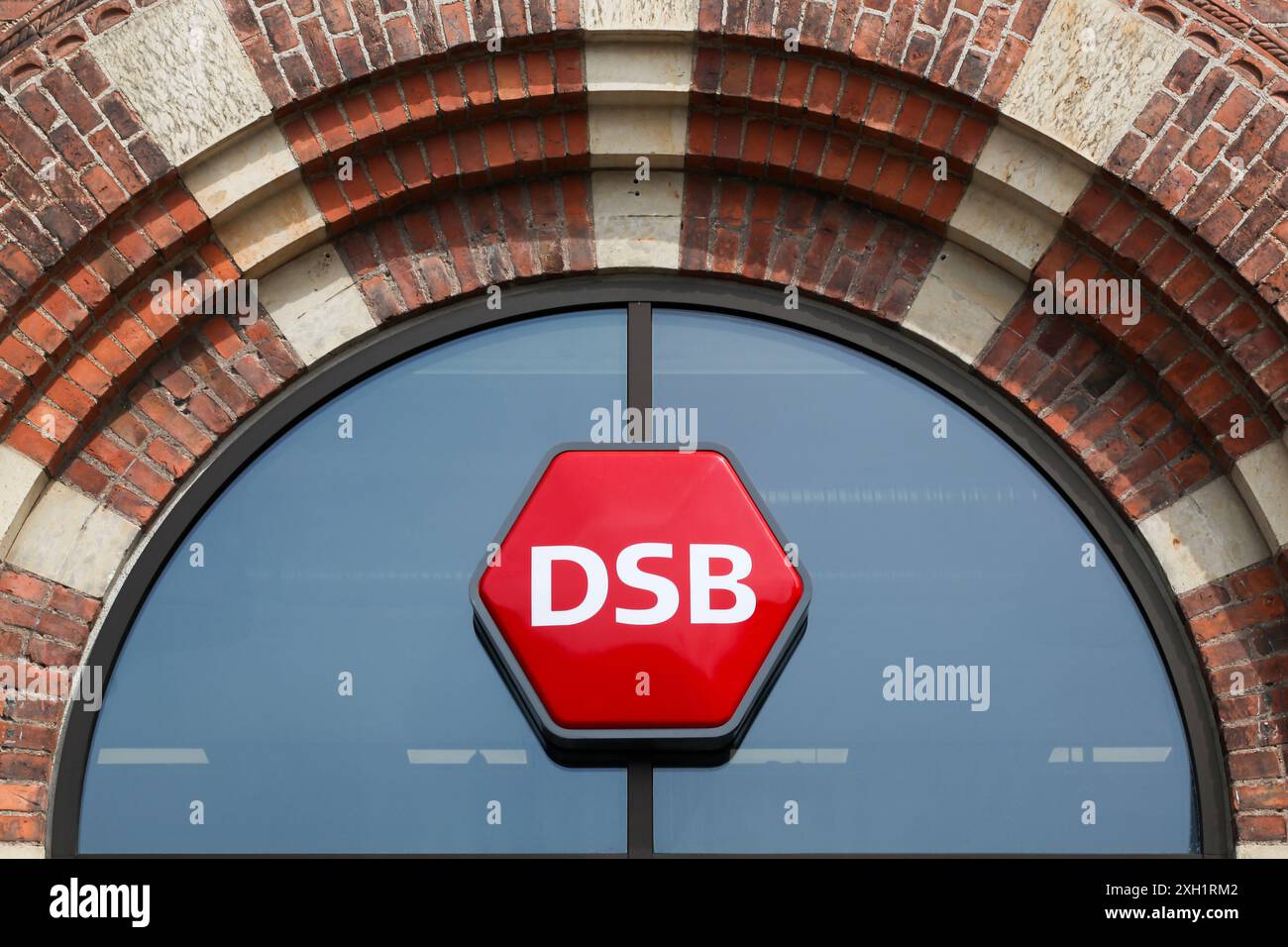 Copenhagen, Denmark - May 6, 2023: DSB logo on the central station in Copenhagen. DSB is the ...