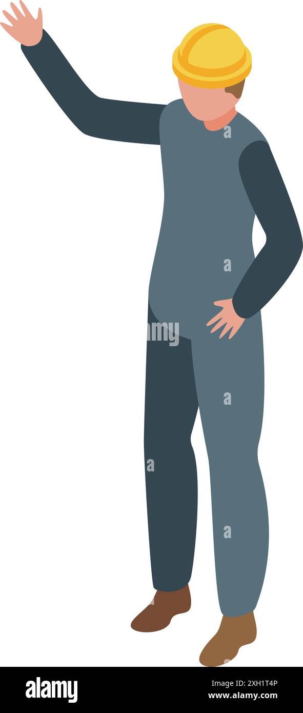 Construction worker wearing hard hat raising hand to greet coworker ...