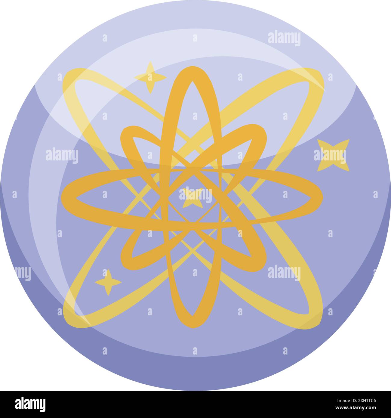 Shiny purple sphere showing a golden atomic model with stars ...