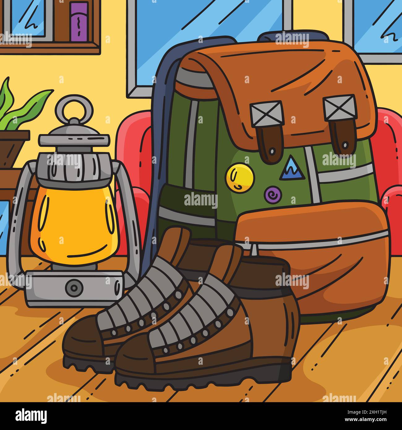 Camping Backpack, Boots and Lamp Colored Cartoon Stock Vector Image ...