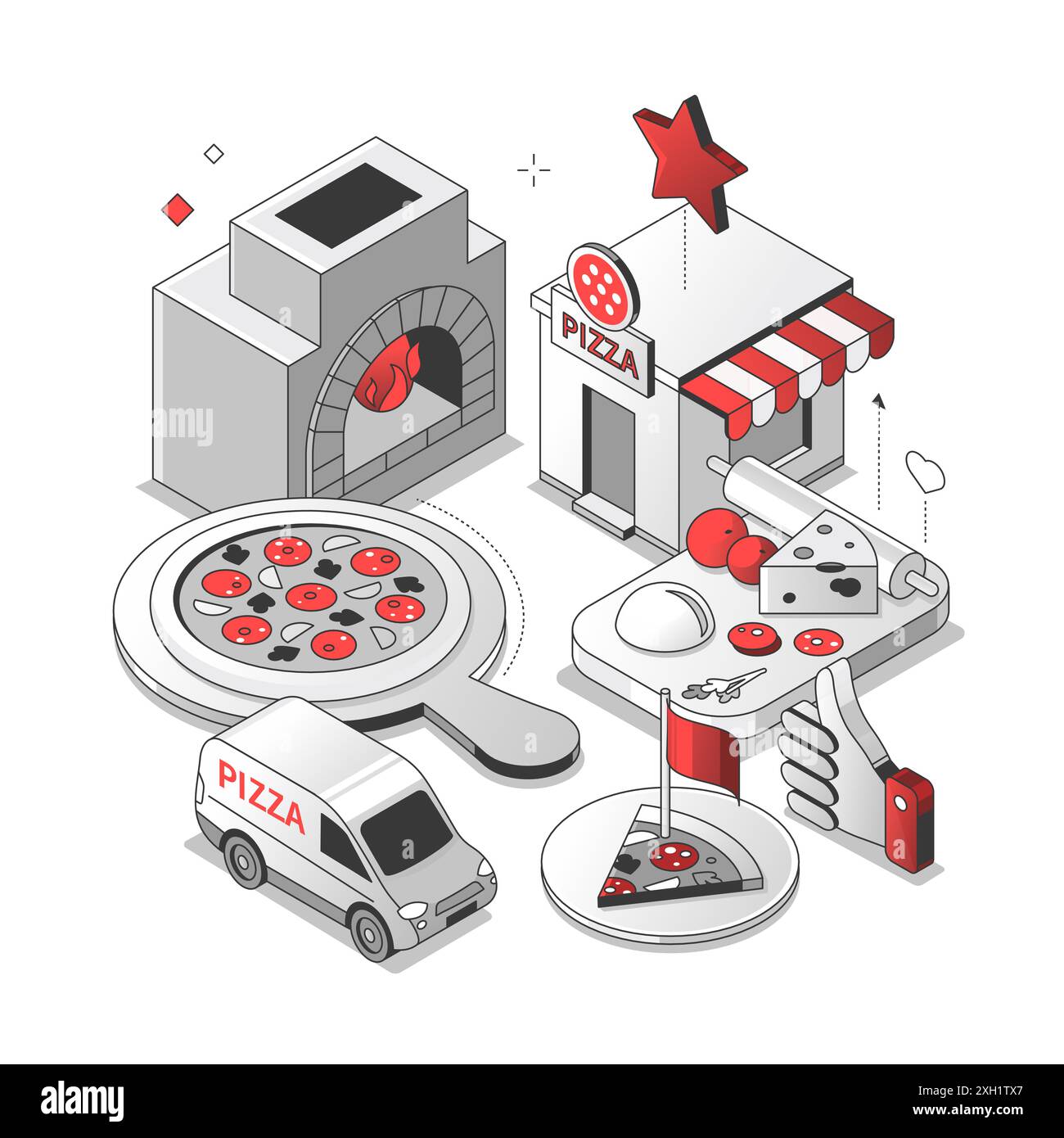 Pizzeria and delivery - isometric red and black line illustration Stock ...