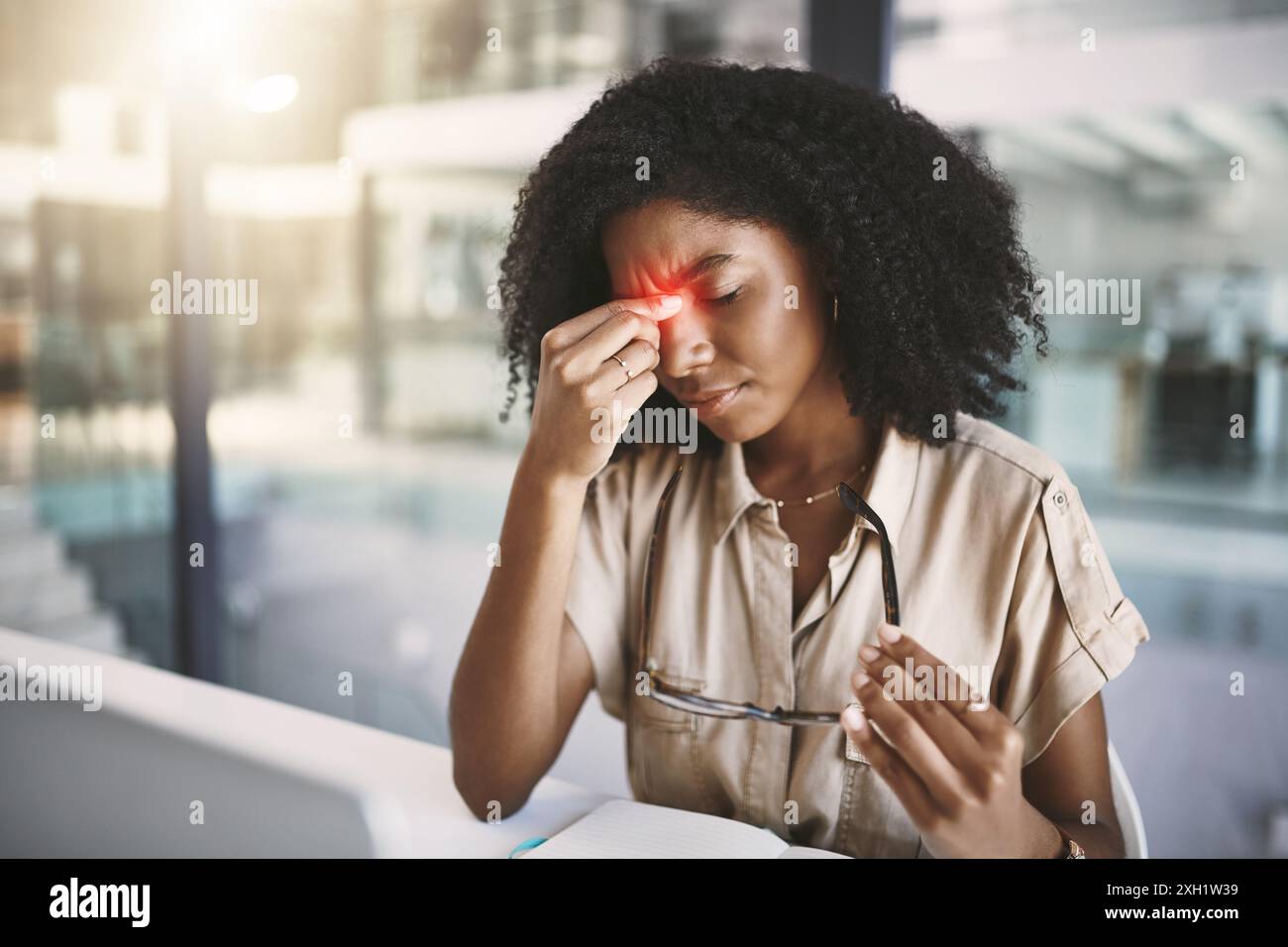 Office, black woman and eye strain with head pain for stress, poor ...
