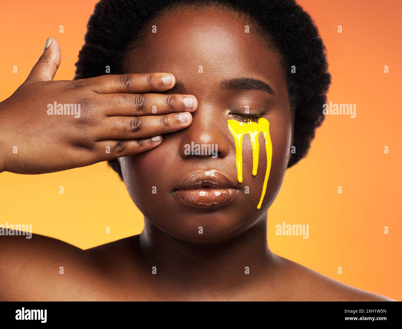 Black woman, tears and makeup or paint for empowerment on studio ...