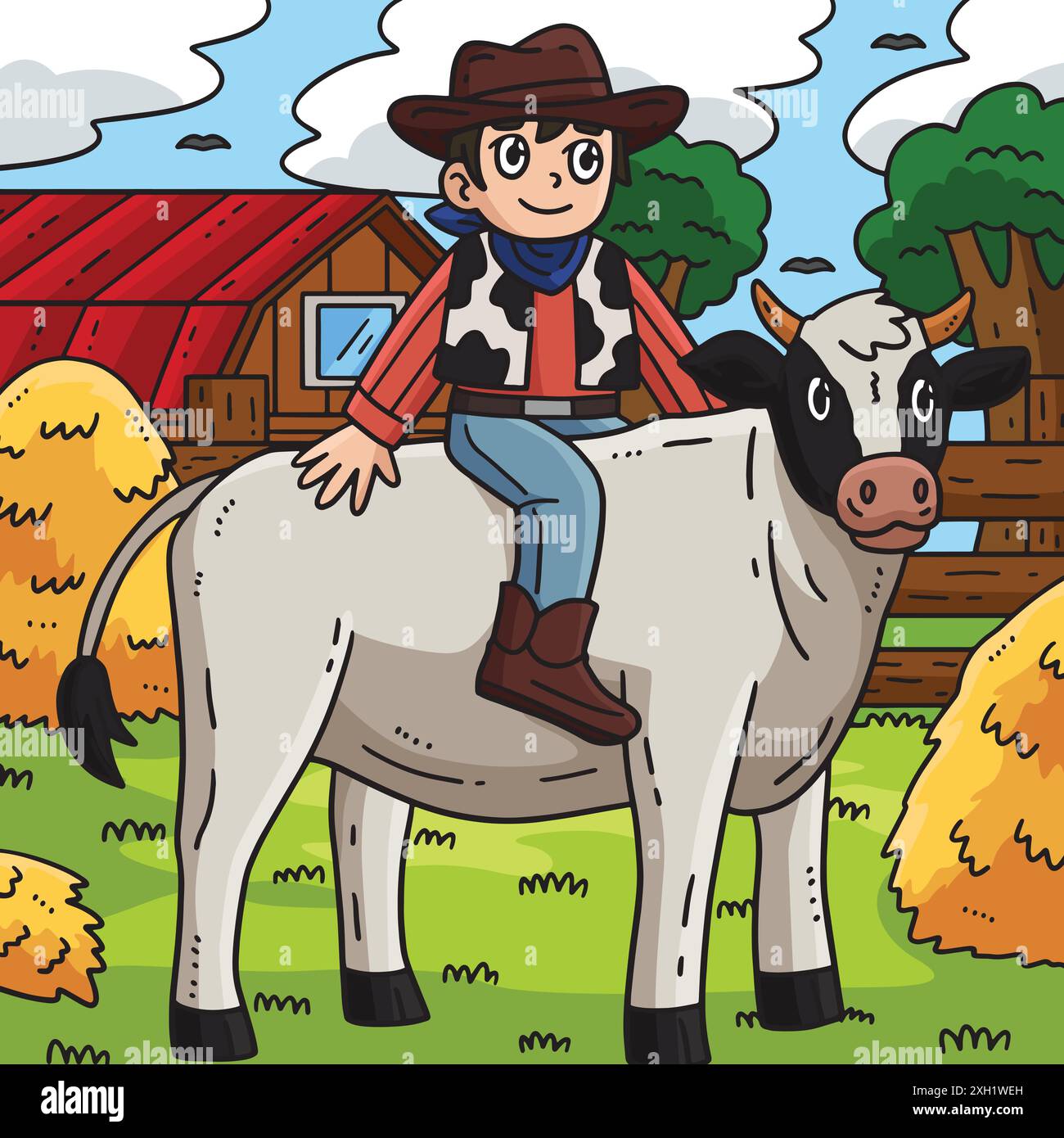 Cowboy Riding Cattle Colored Cartoon Illustration Stock Vector Image ...