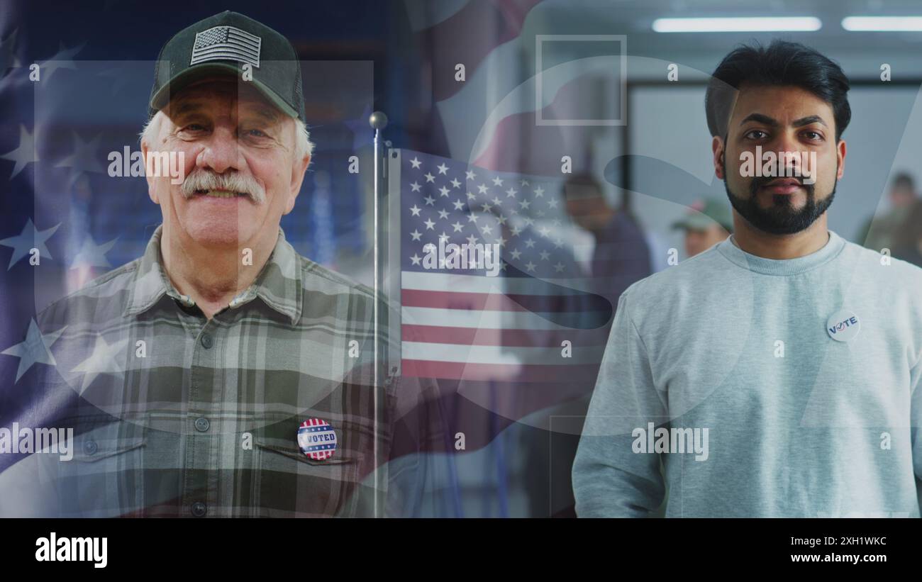 Montage with 3D motion graphics of US flag of happy multiethnic and ...