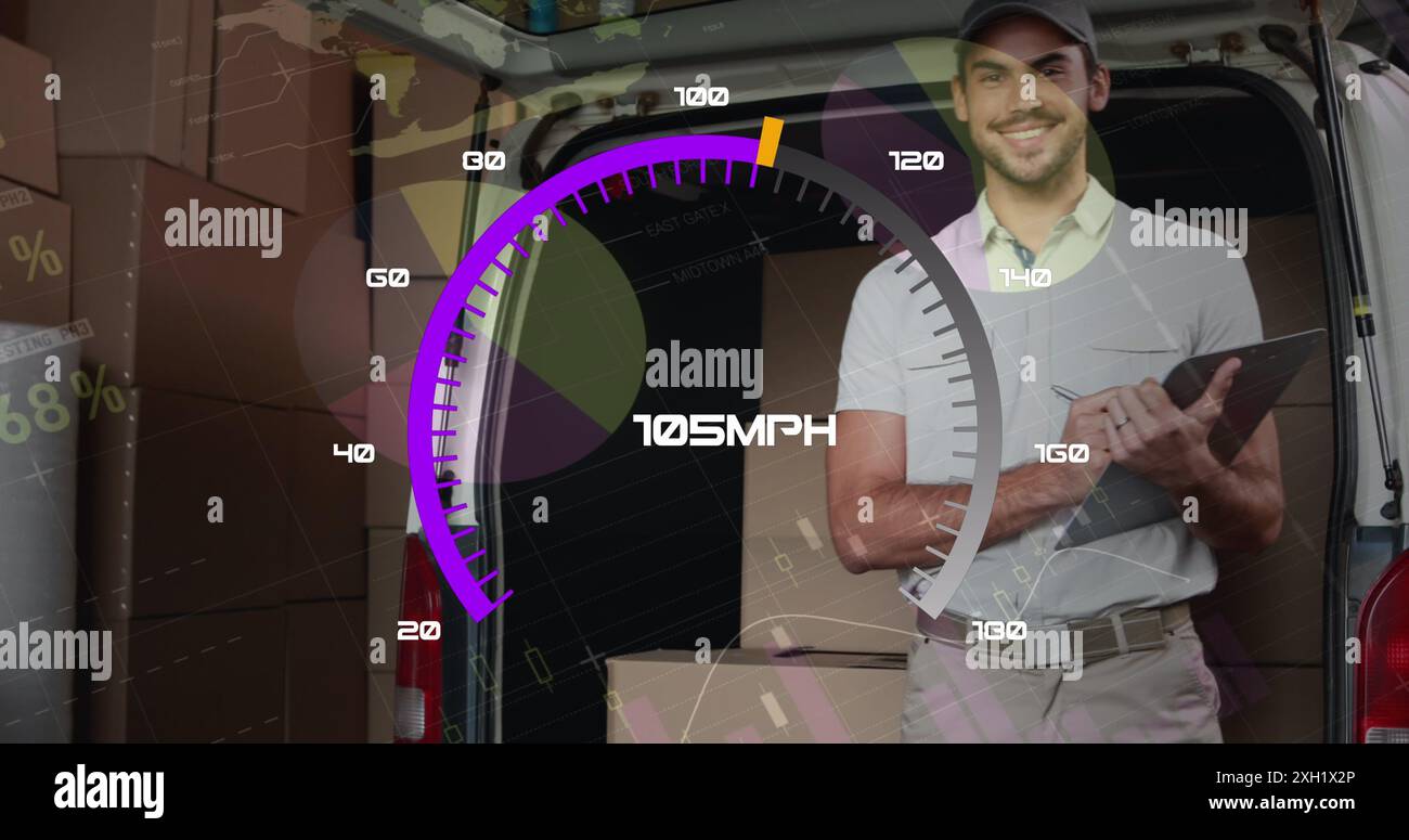 Image of speedometer over delivery man next to a car. Global business ...