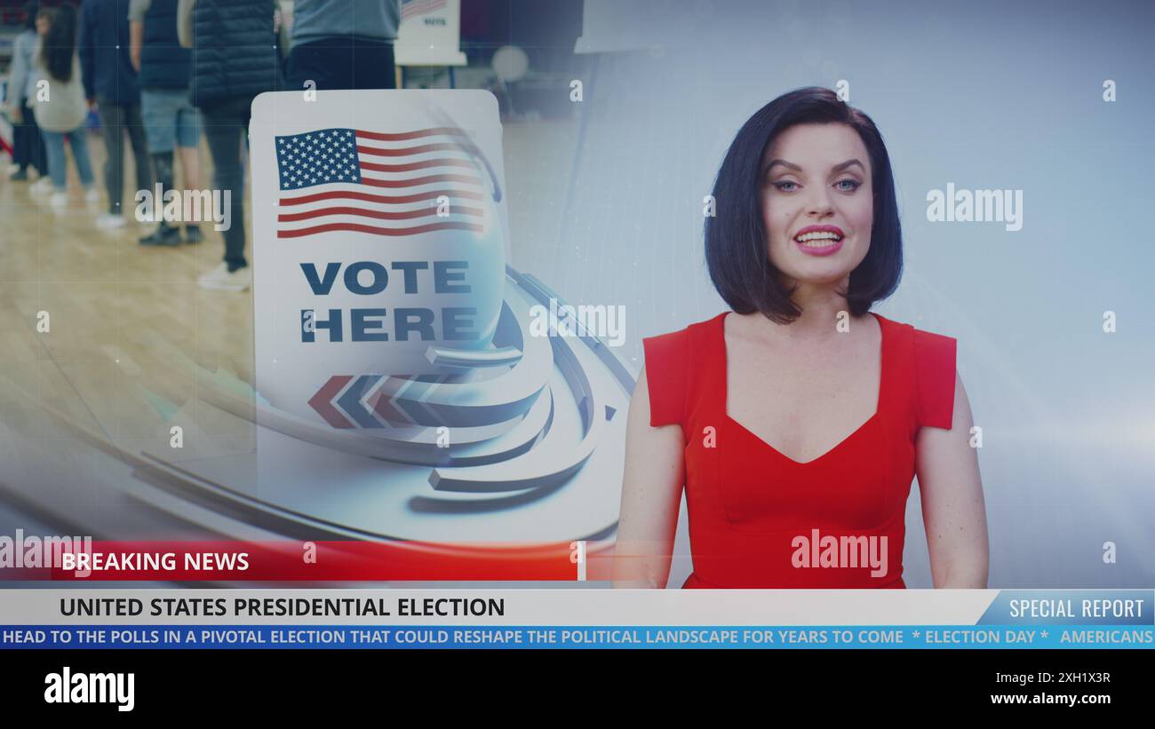 Female newscaster in studio reports live news about Presidential ...