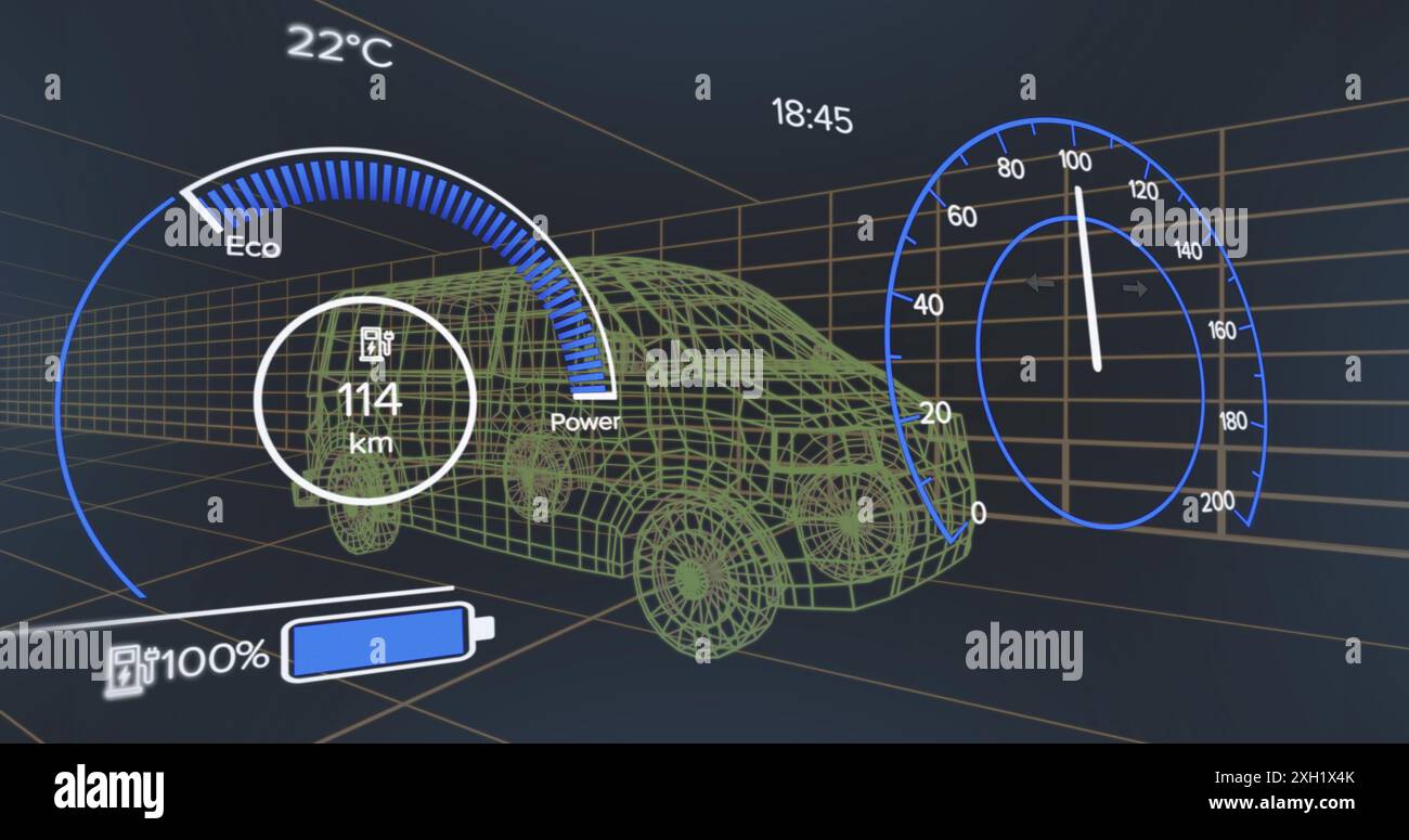 Image of speedometer and power level over van project on black ...