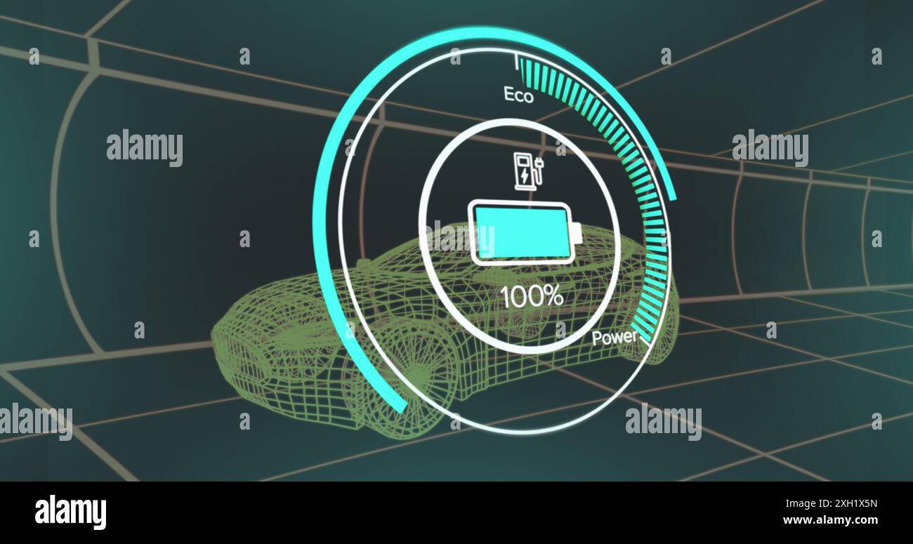 Image of speedometer and power level over car project on black ...