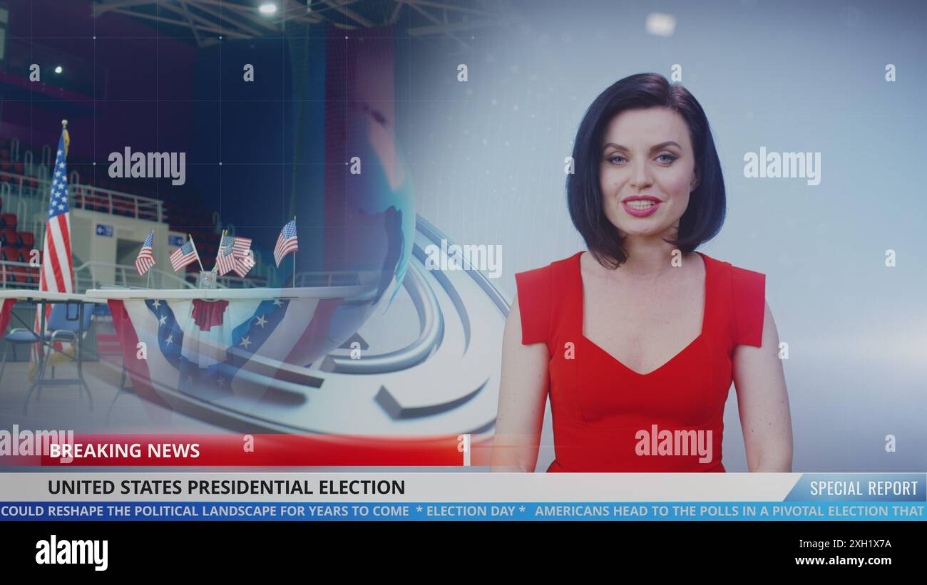 Female newscaster in studio reports live news about Presidential ...