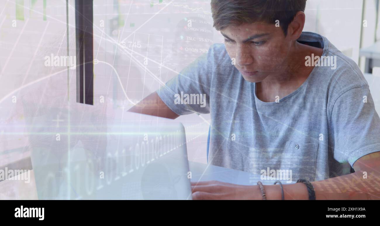 Image of programming data and graphs moving over caucasian boy studying ...
