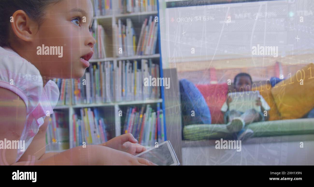 Image of codes and infographics over african american girl and boy ...