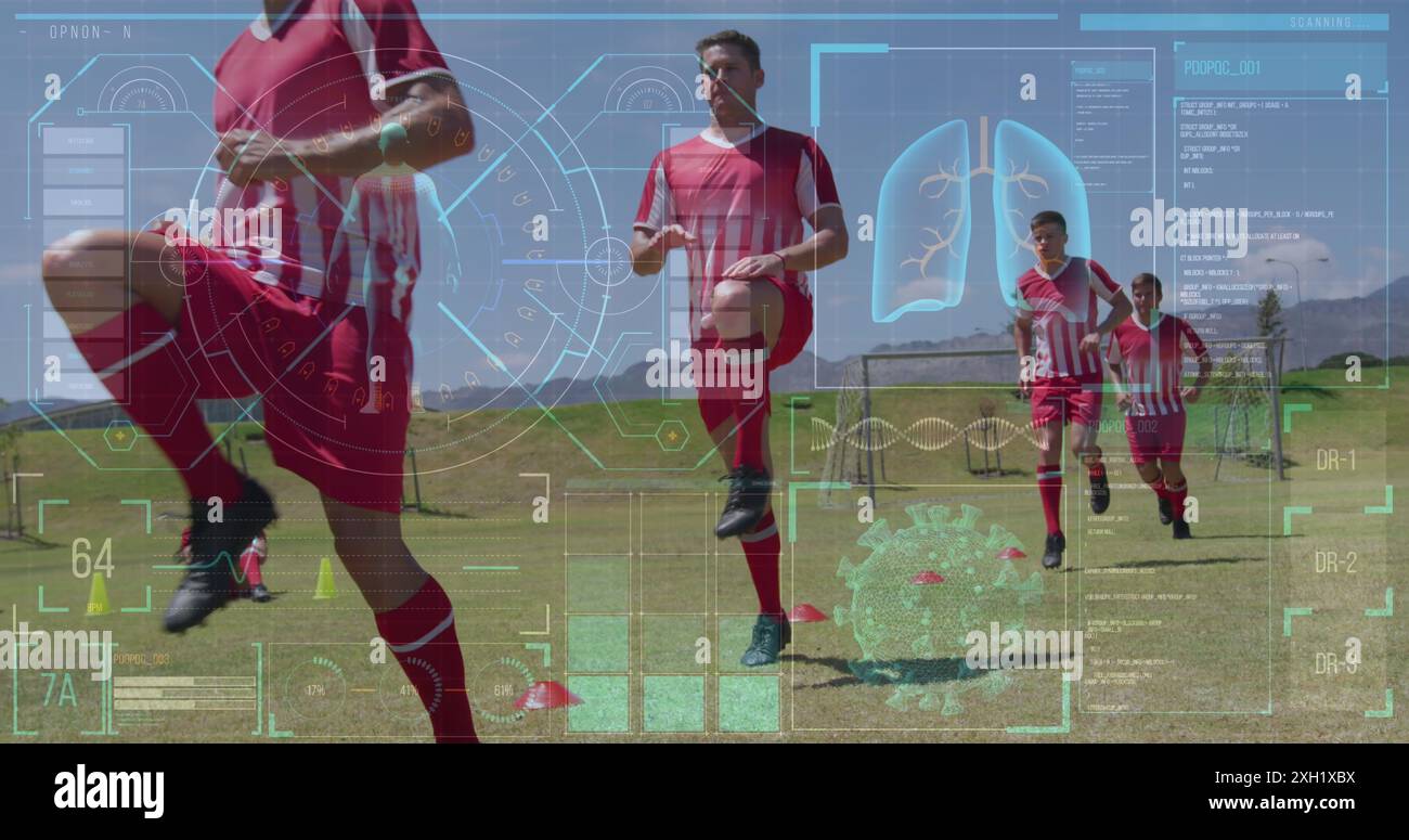 Image of screen with biological data over diverse male soccer players ...