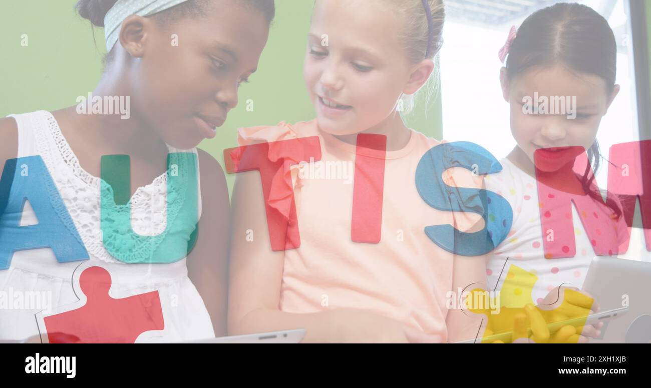 Image of autism text and colourful puzzle pieces over diverse girls ...