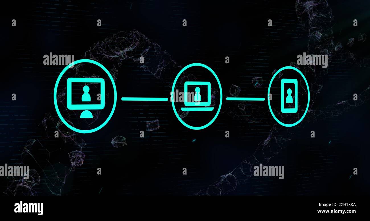 Image of icons in circle connected with line over dna helix against ...