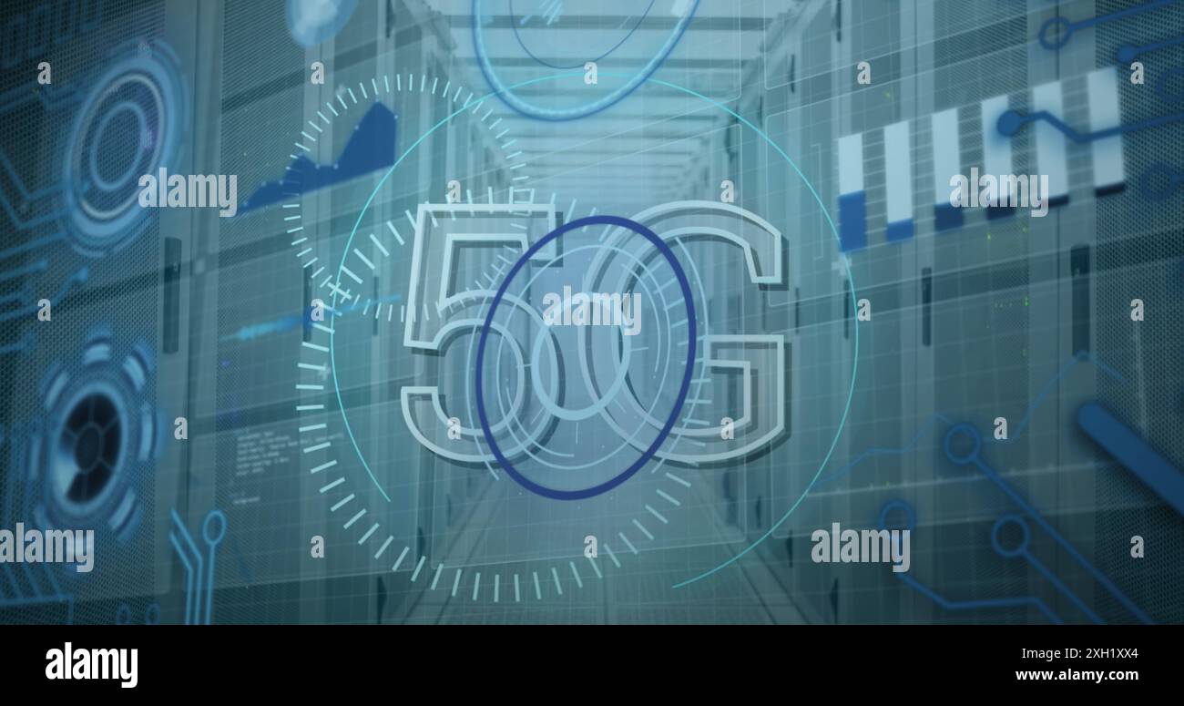 Image of scope scanning with 5g text and data processing over server room. Global technology ...