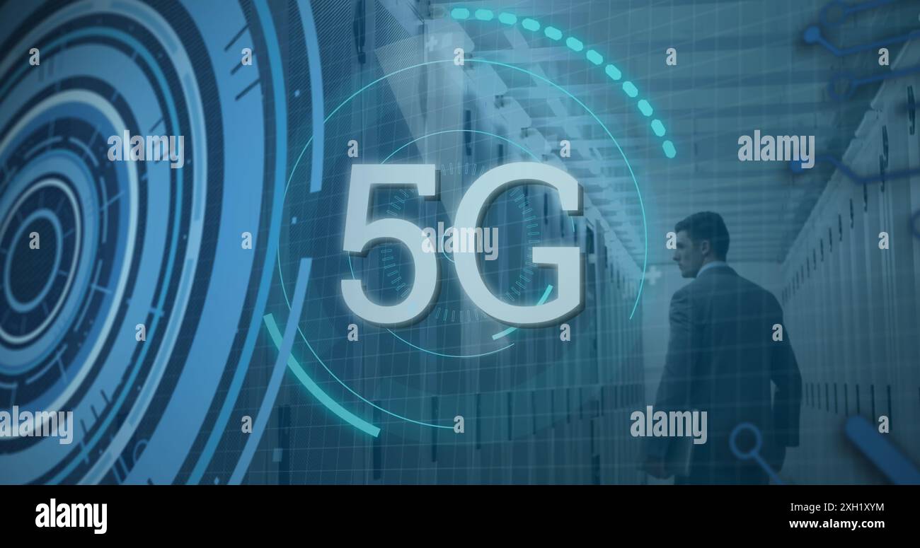 Image of scope scanning with 5g text and data processing over caucasian man in server room ...