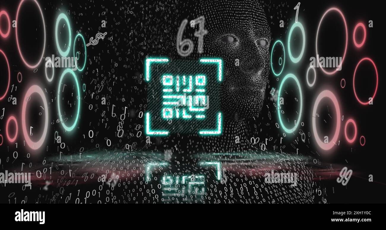 Digital Image Of Glowing Qr Code Against Rows Of Using Laptop Qr Code On Black Background