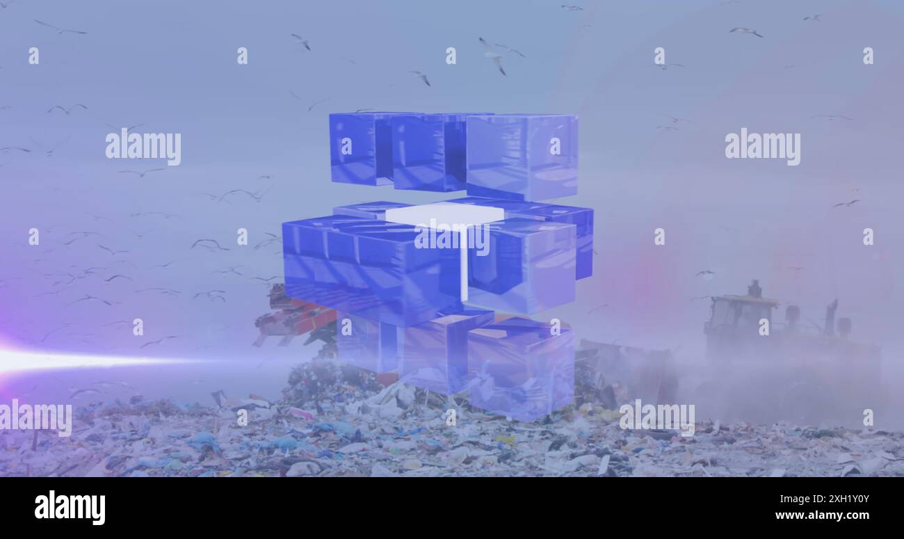 Image of cube pattern and lens flare over garbage spilling out of ...