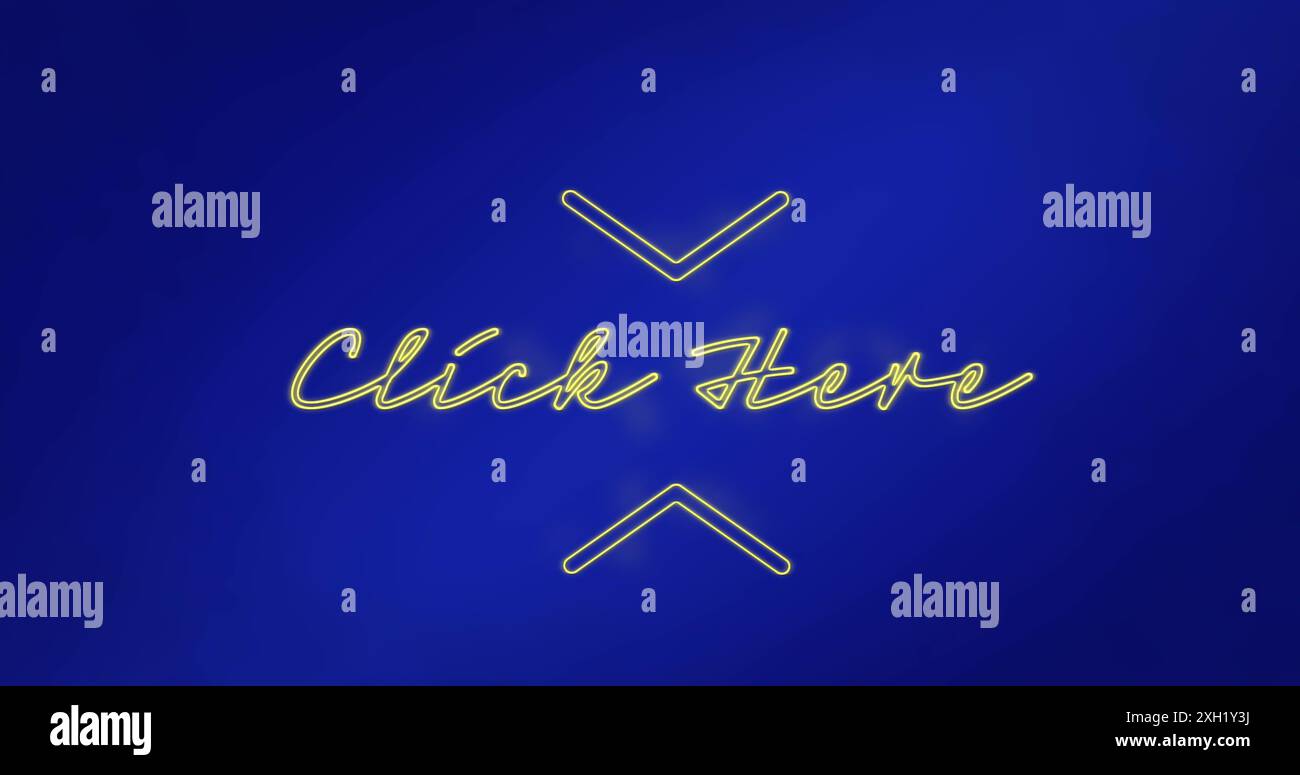 Image of neon yellow click here text banner against blue background ...