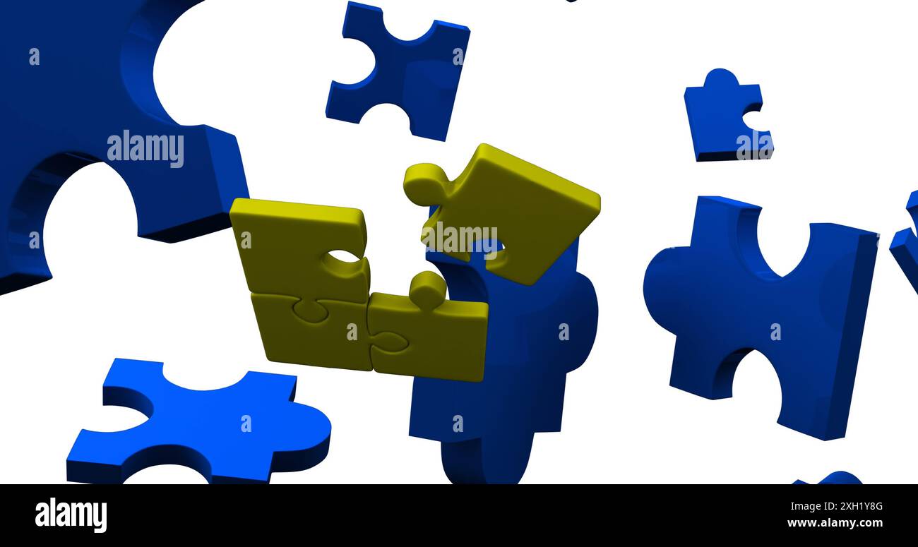 This is a digital image of blue pieces of a puzzle falling on a white ...