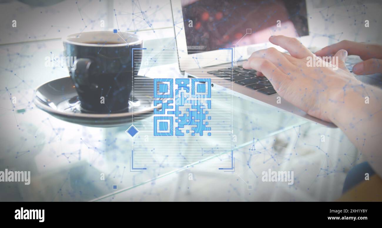 Image of qr code, connected dots forming shapes, cropped hands of ...