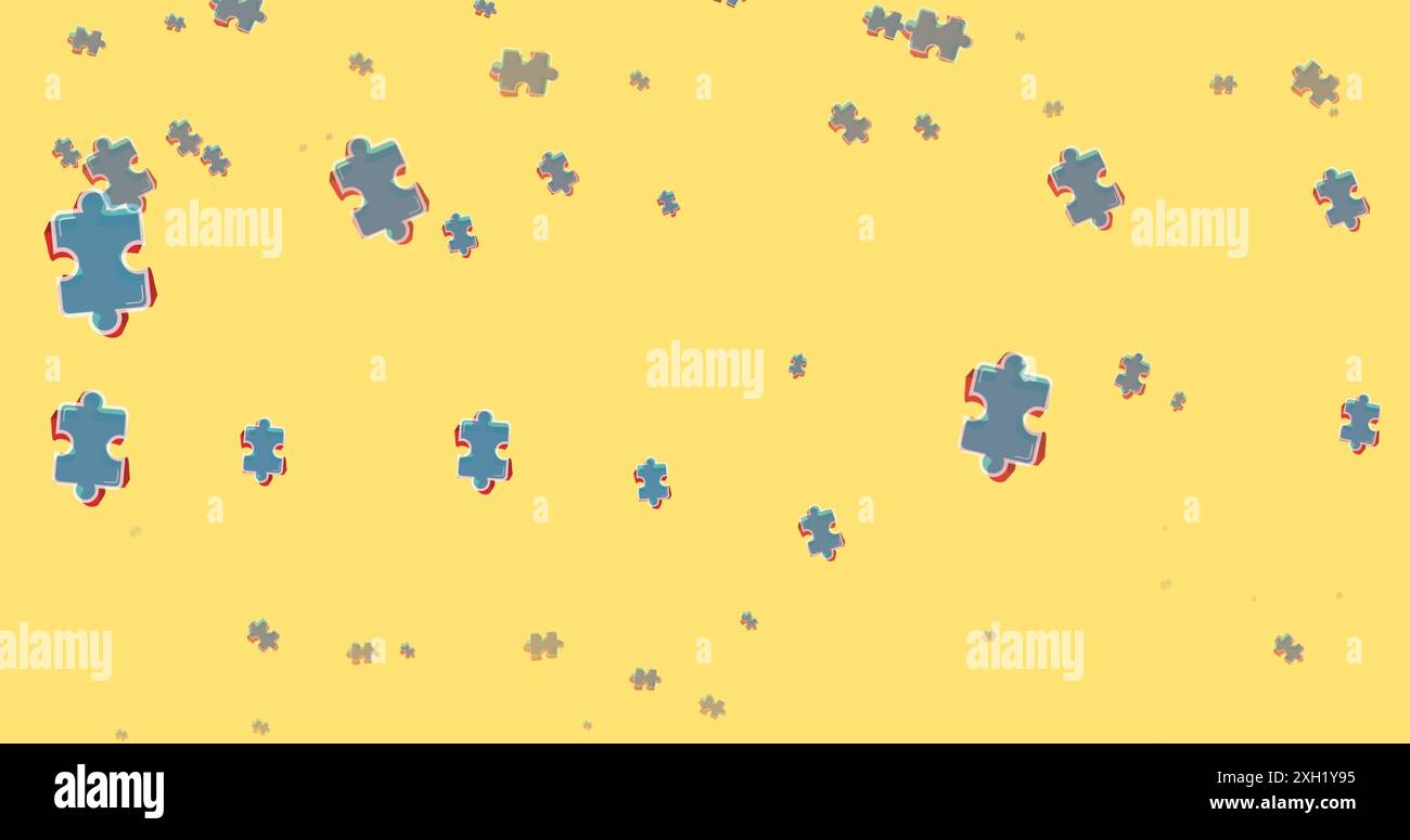 A digital image of puzzle pieces falling on a yellow background, with a ...