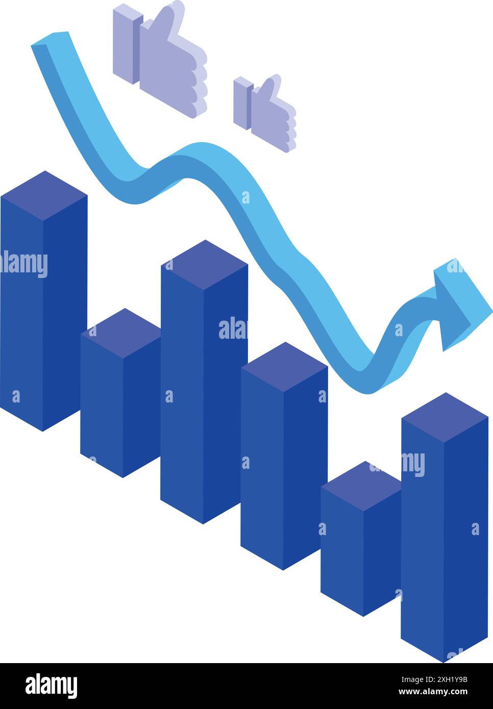 Social media marketing graph showing decrease with thumbs up icons, isometric vector ...