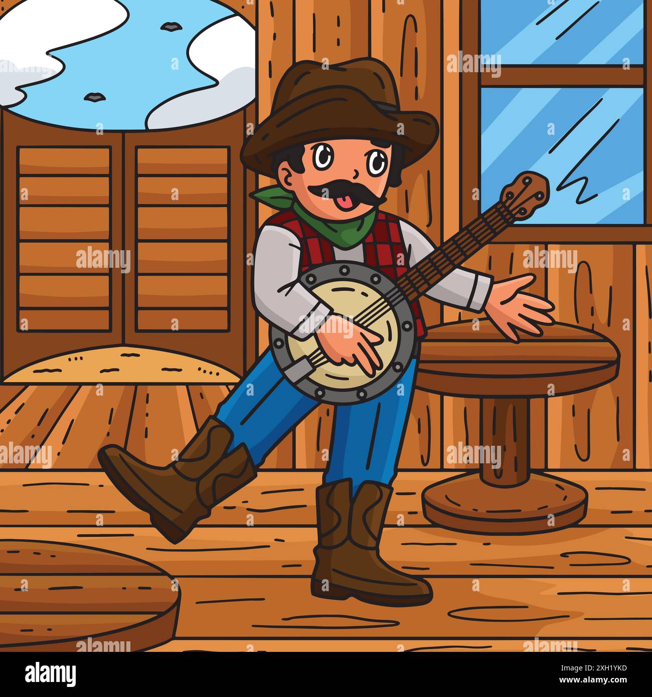 Cowboy Playing Banjo Colored Cartoon Illustration Stock Vector Image ...