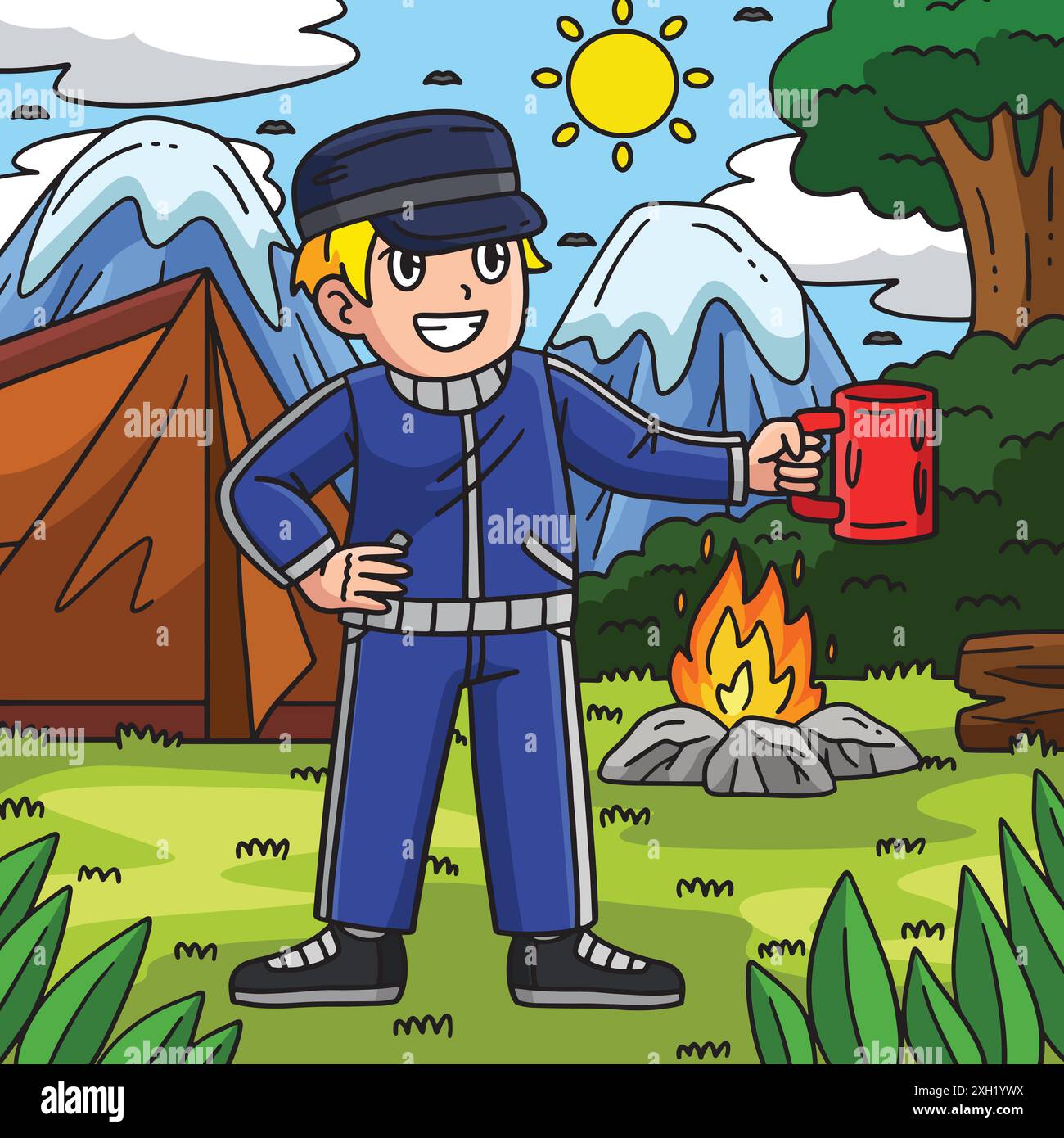 Camping Camper with Morning Coffee Colored Cartoon Stock Vector Image ...