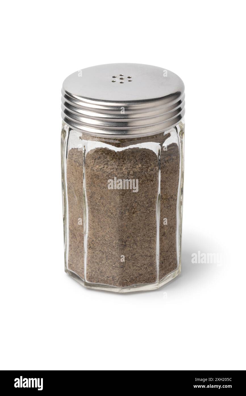 Single ground black pepper shaker isolated on white background close up ...