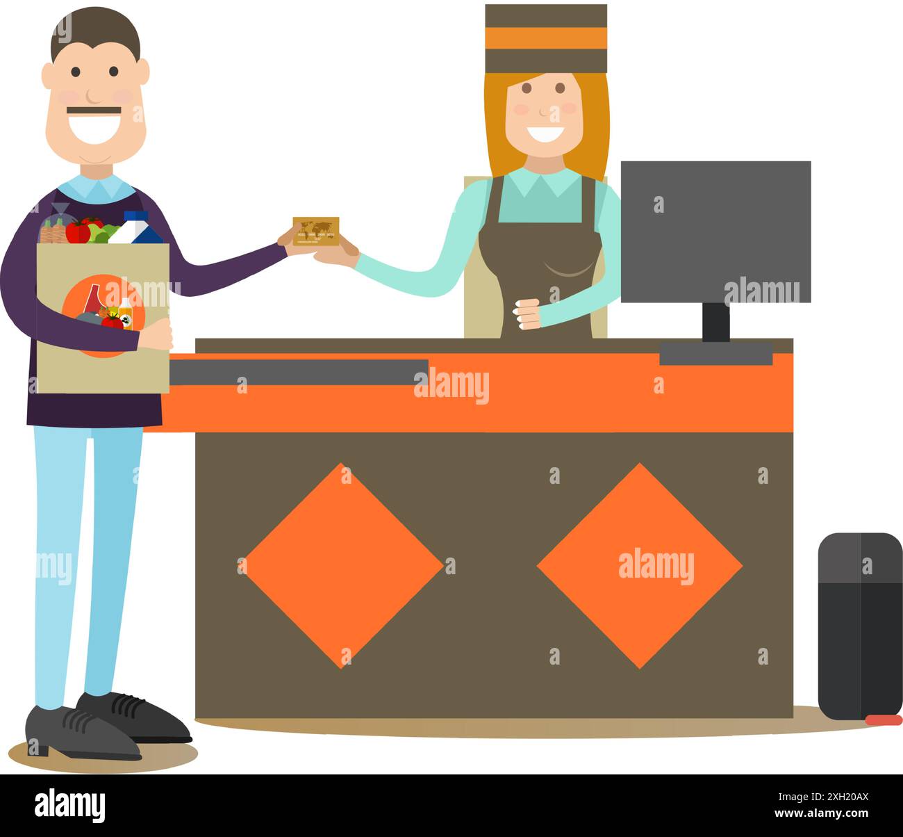 Vector illustration of grocery store cashier female and shopper male ...