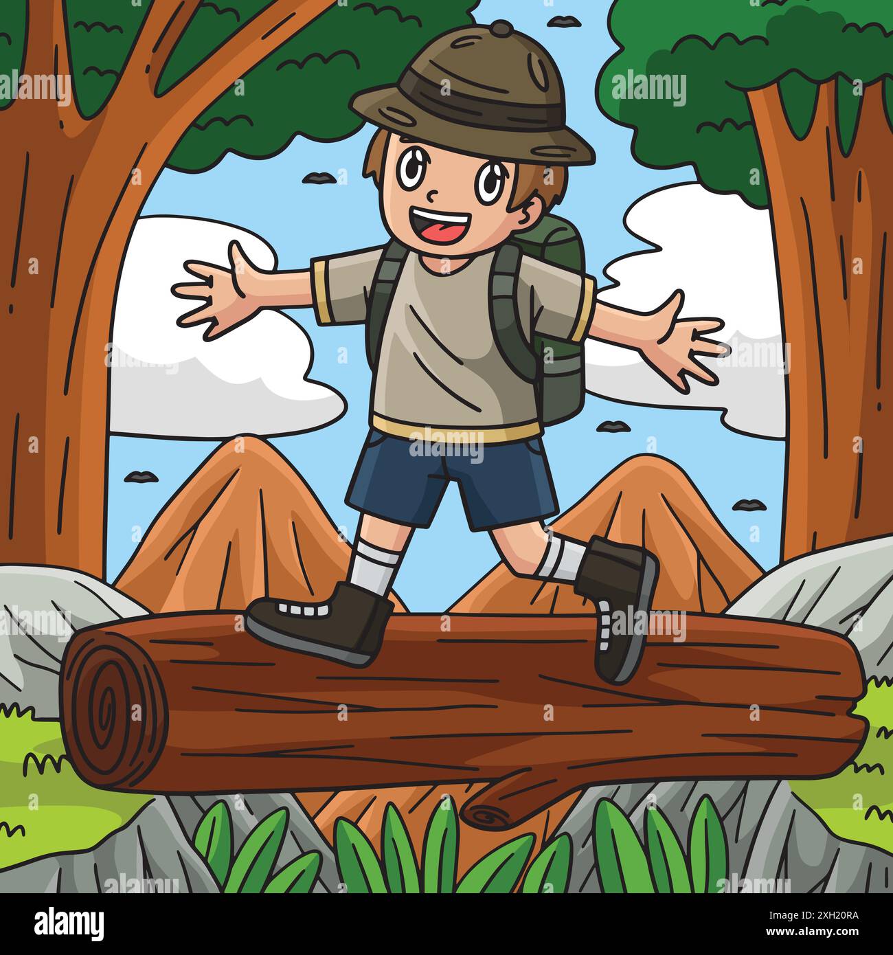 Camping Camper Crossing Log Bridge Colored Cartoon Stock Vector Image ...