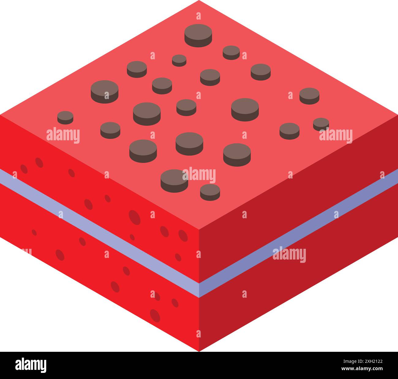 Red velvet cake slice with chocolate chips on top isometric view Stock ...