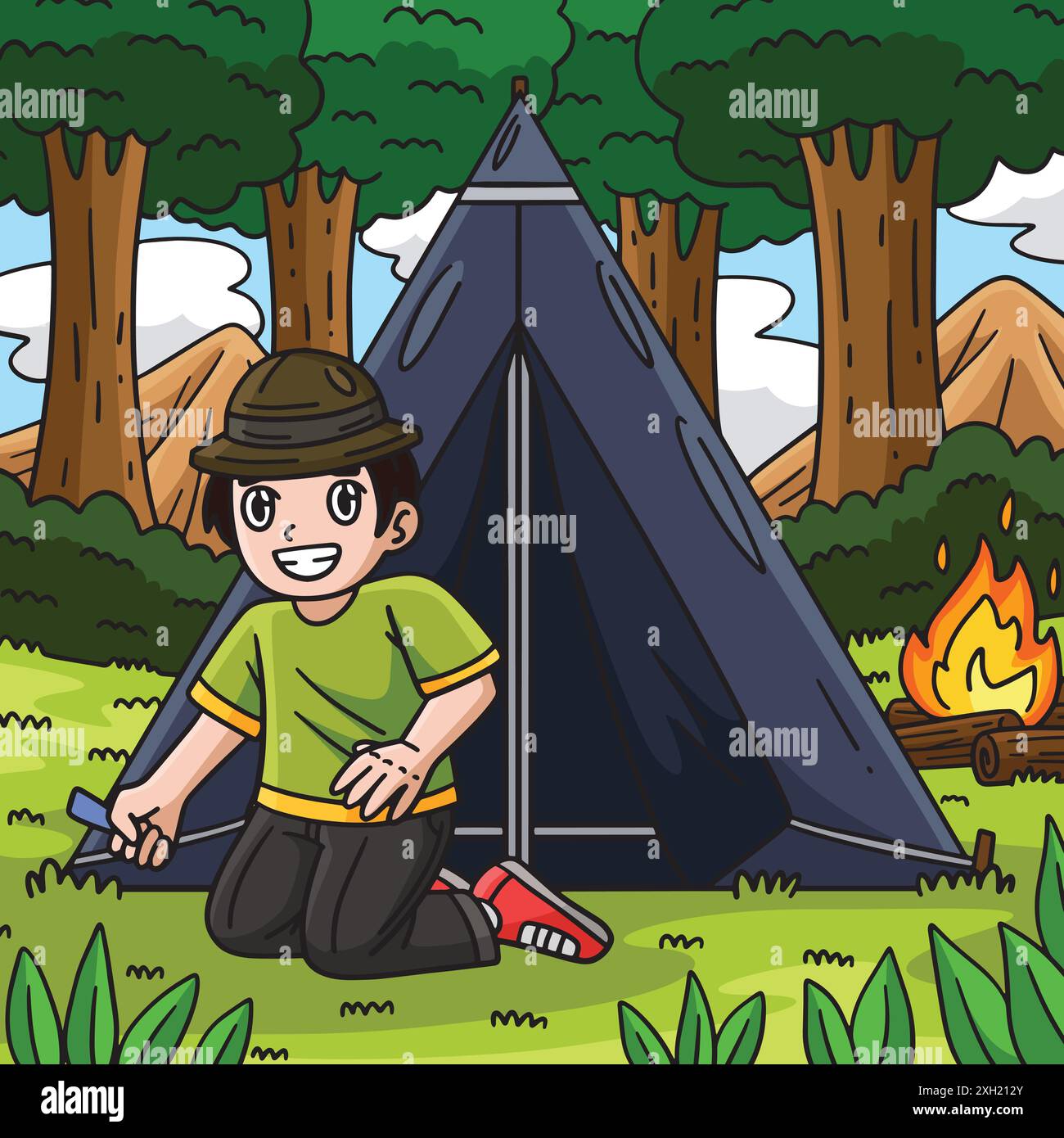 Camping Camper Setting Up a Tent Colored Cartoon Stock Vector Image ...