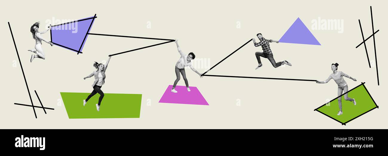 Panoramic photo collage picture businesspeople cooperation achieve goal ...