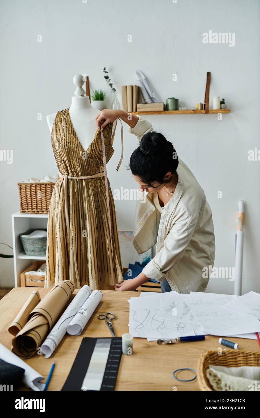 A young woman upcycling her clothes, designing a dress on a table Stock ...