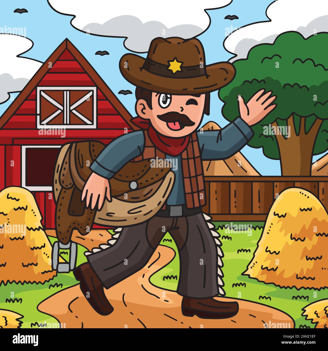 Cowboy Carrying a Saddle Colored Cartoon Stock Vector Image & Art - Alamy