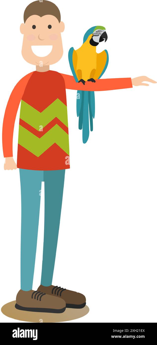 Vector illustration of man holding parrot on his hand, playing with his ...