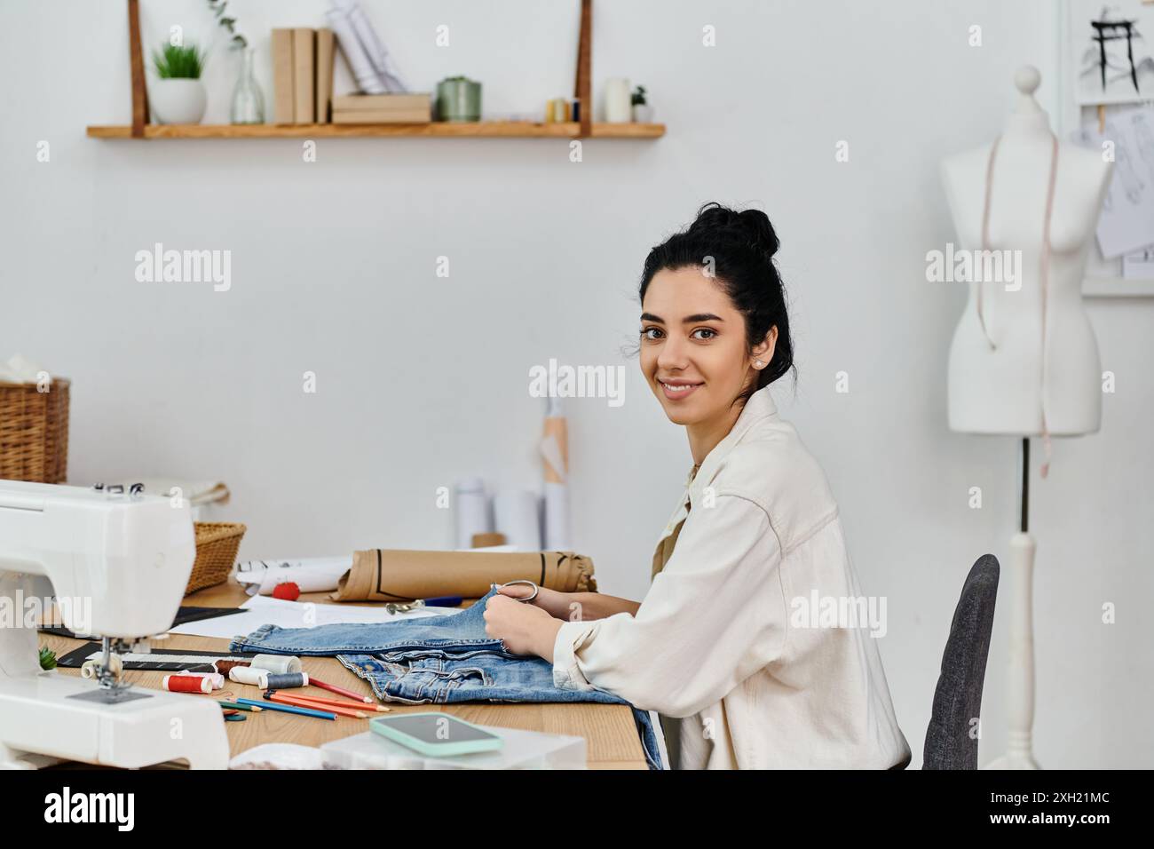 A young woman upcycles clothes at a sewing machine with an eco twist ...
