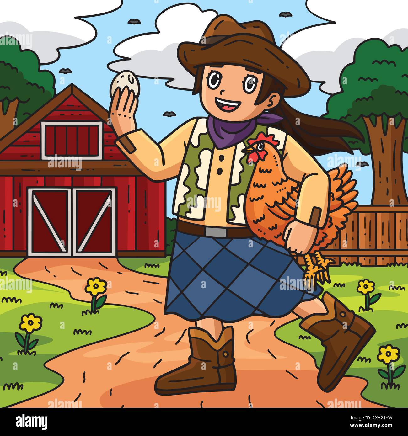 Cowgirl Carrying Chicken Colored Cartoon Stock Vector Image & Art - Alamy
