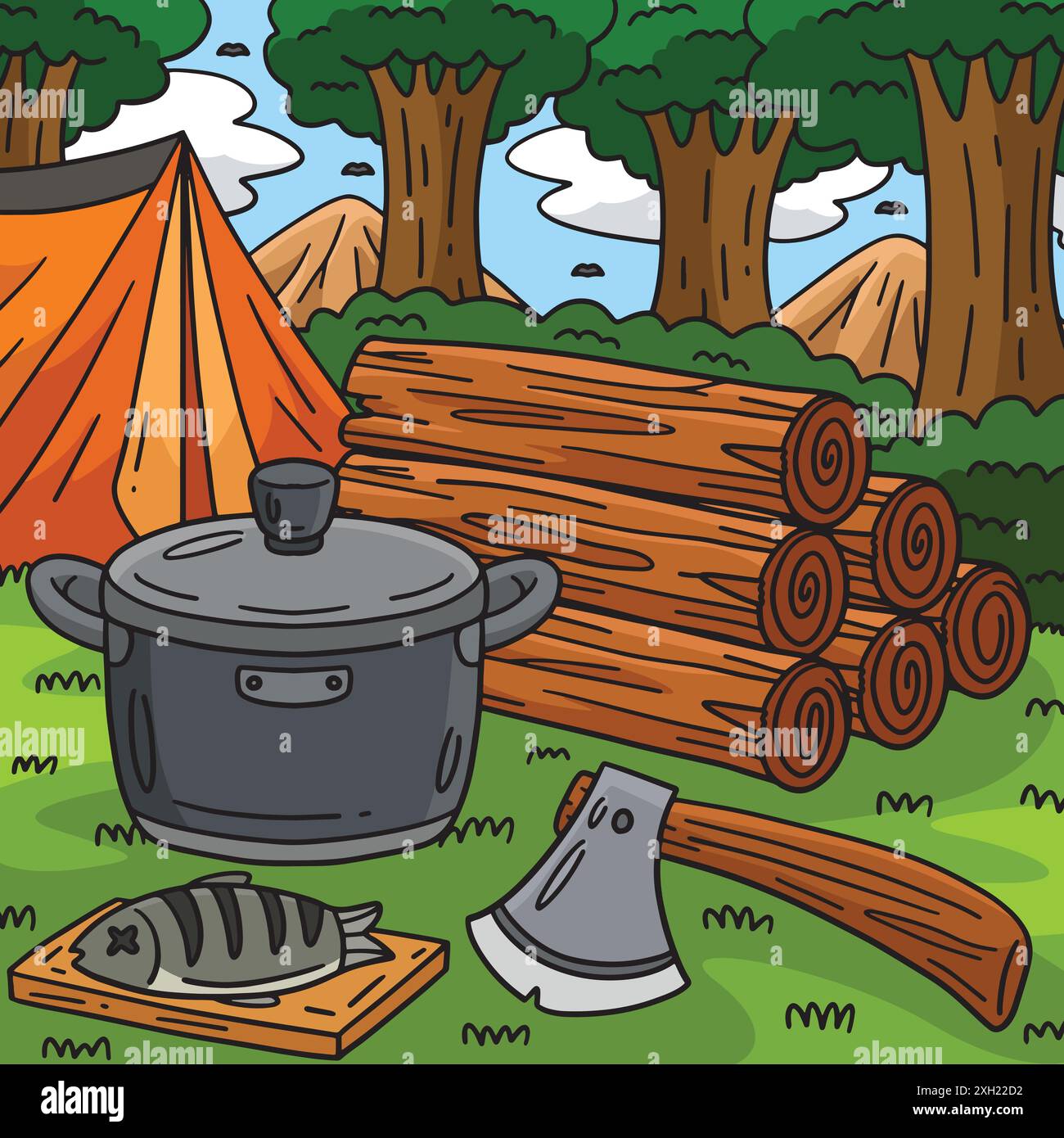 Camping Logs, Ax, and Cooking Pot Colored Cartoon Stock Vector Image ...