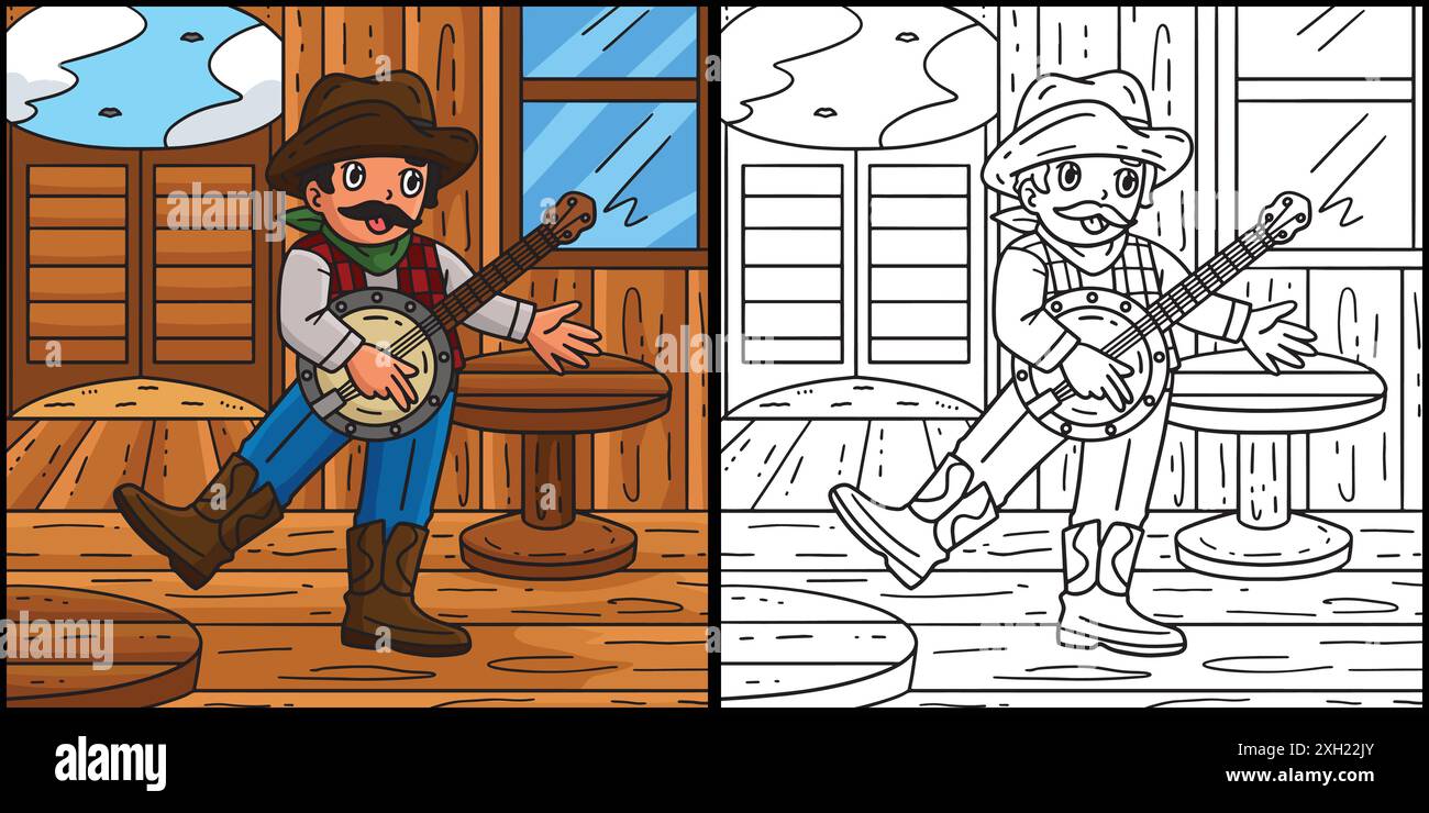 Cowboy Playing Banjo Coloring Page Illustration Stock Vector Image ...