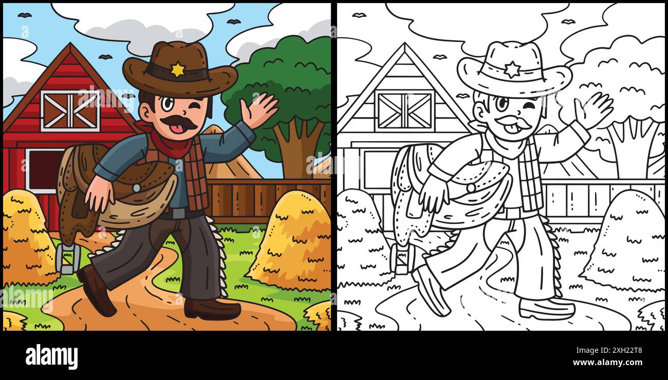 Cowboy Carrying Saddle Coloring Page Illustration Stock Vector Image ...