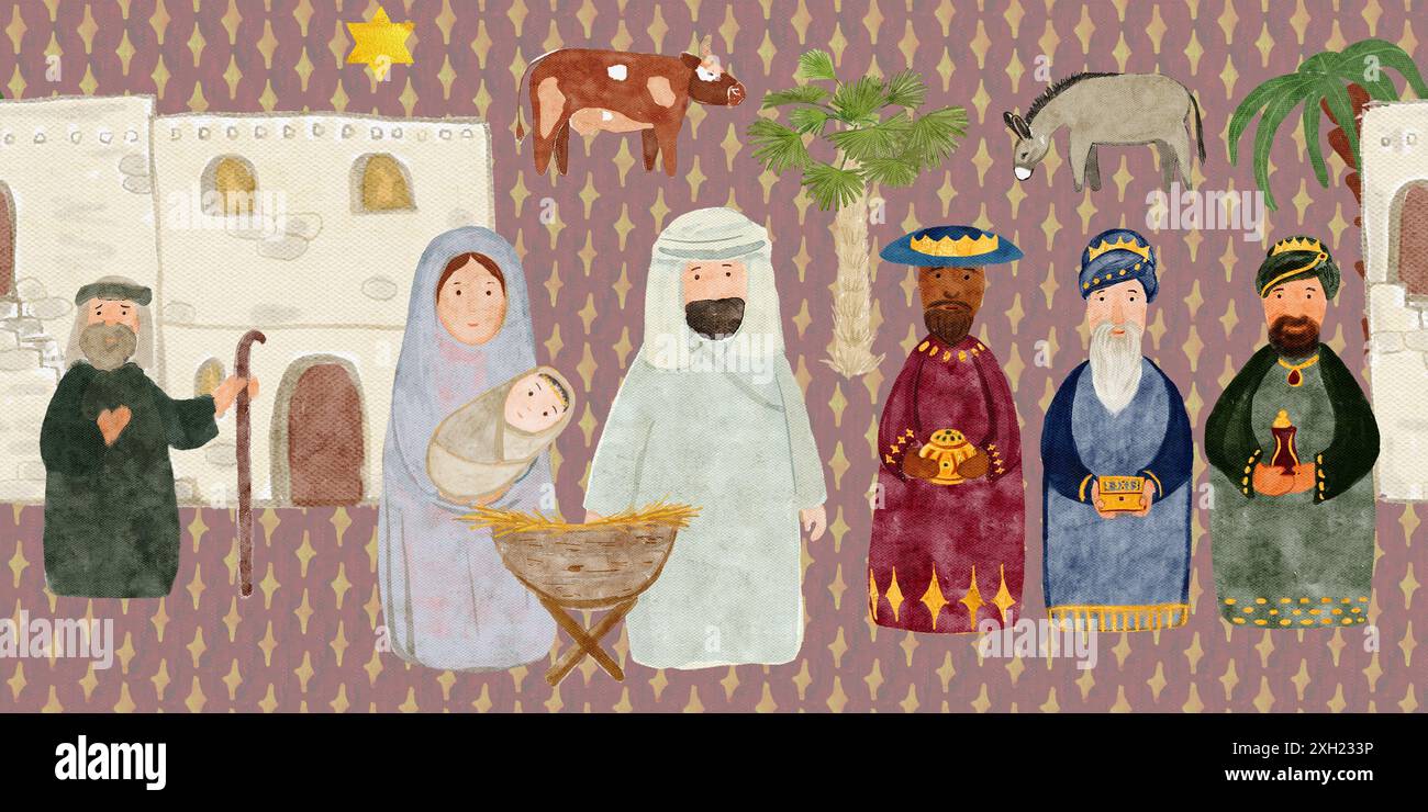 Christmas nativity scene seamless border in watercolor on colored ...