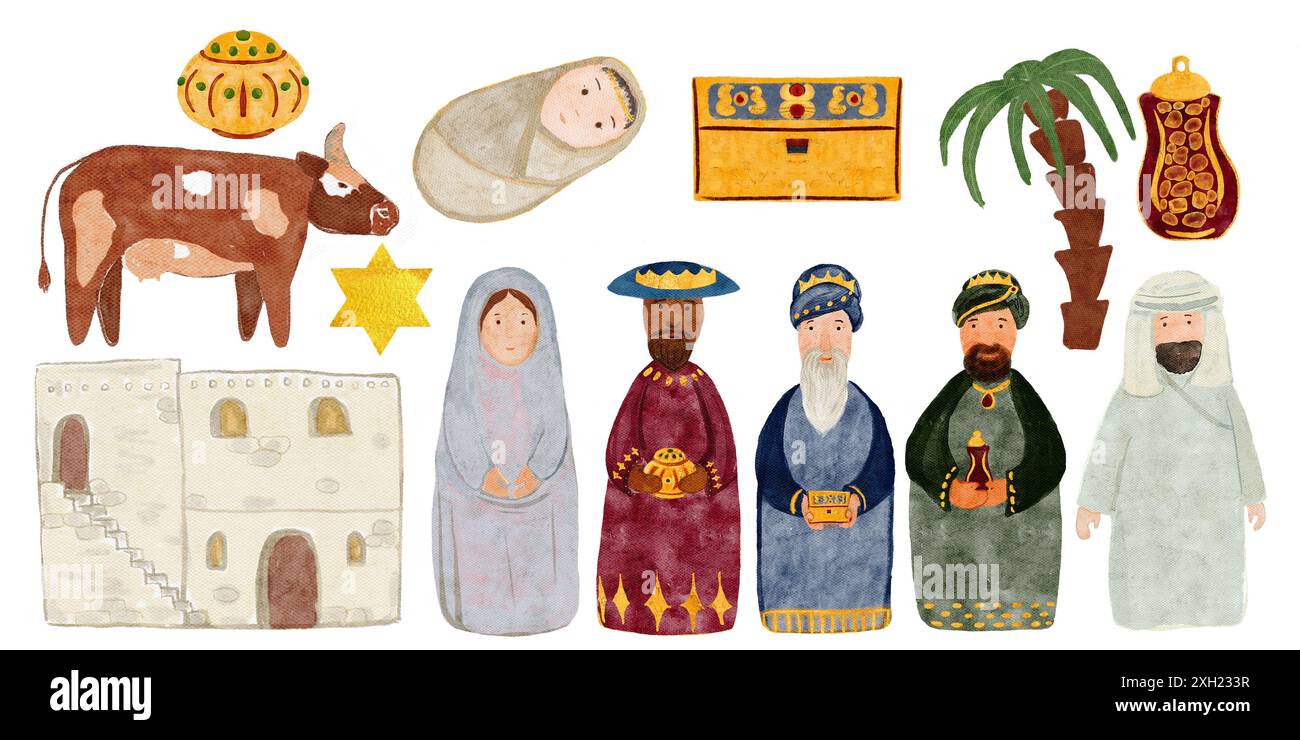 Mary with baby Jesus, Joseph, magi, cow. Christmas nativity set in ...