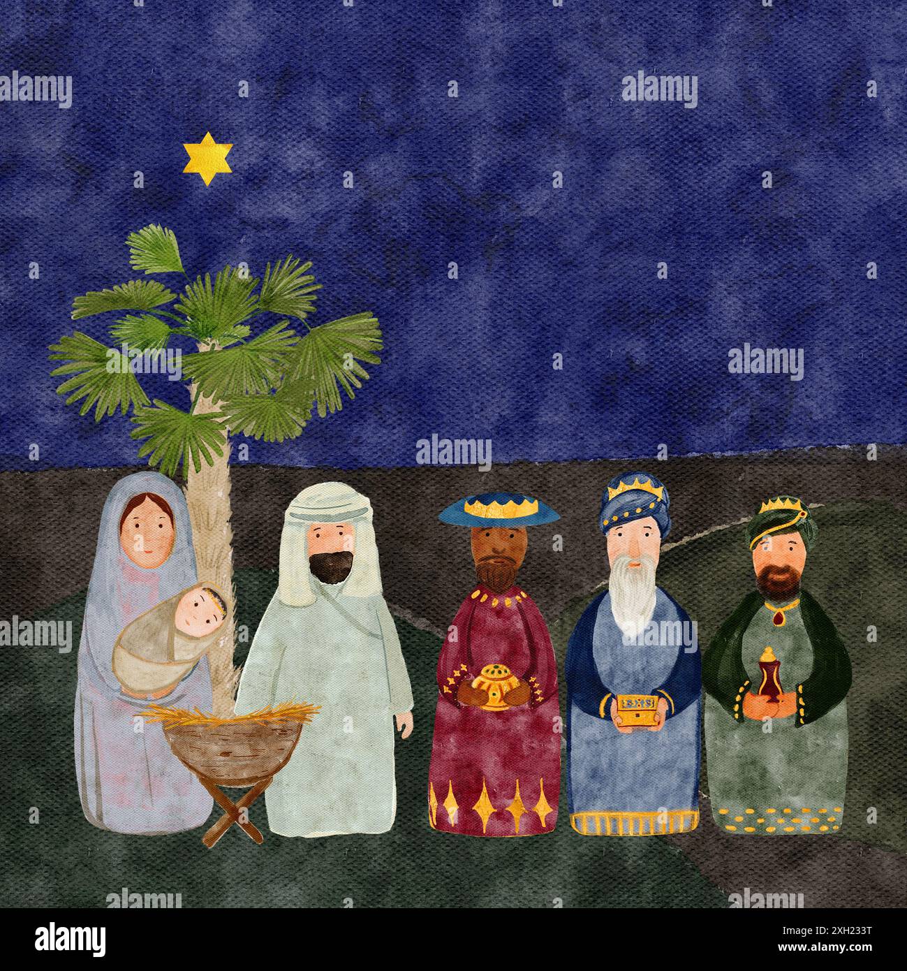 Nativity scene, wrapped baby Jesus, Mary, Joseph, manger, star, magi ...